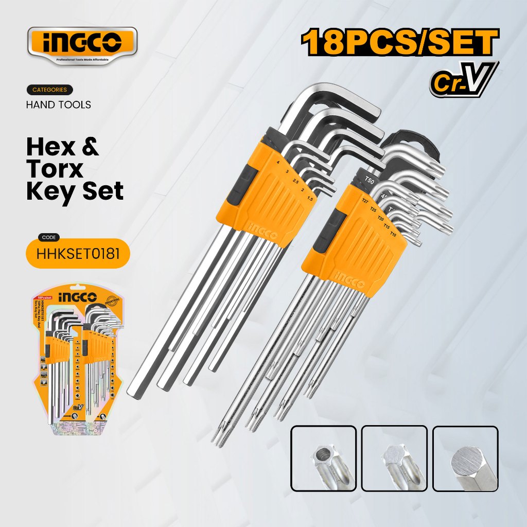Ingco Hex & Torx Key Wrench Set Long Arm Allen Wrenches & Star Key Set ...