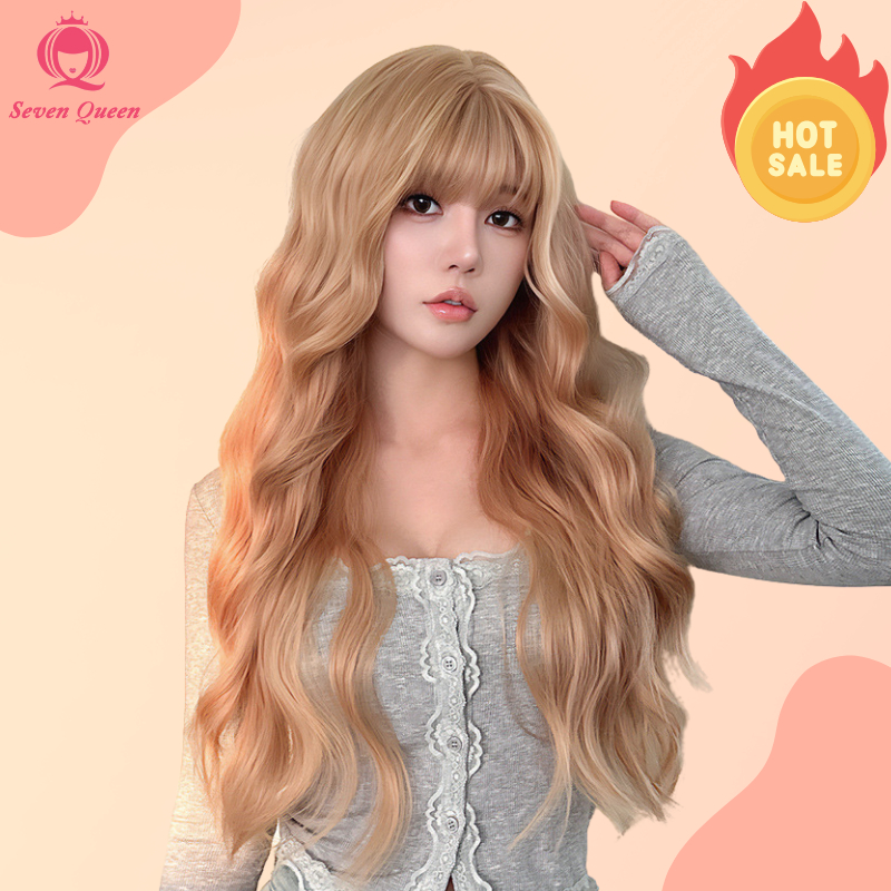 "Seven Queen" Wig 71cm long wavy hair golden beige blonde with bangs ...