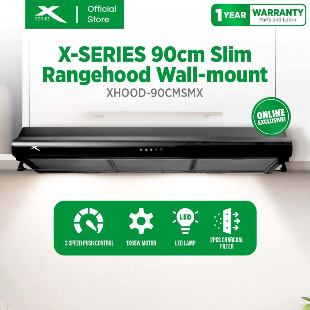 Xtreme 90cm Slim Rangehood Wall-mount 1x65w Motor with 3 Speed Push Control(Black) [XHOOD ...