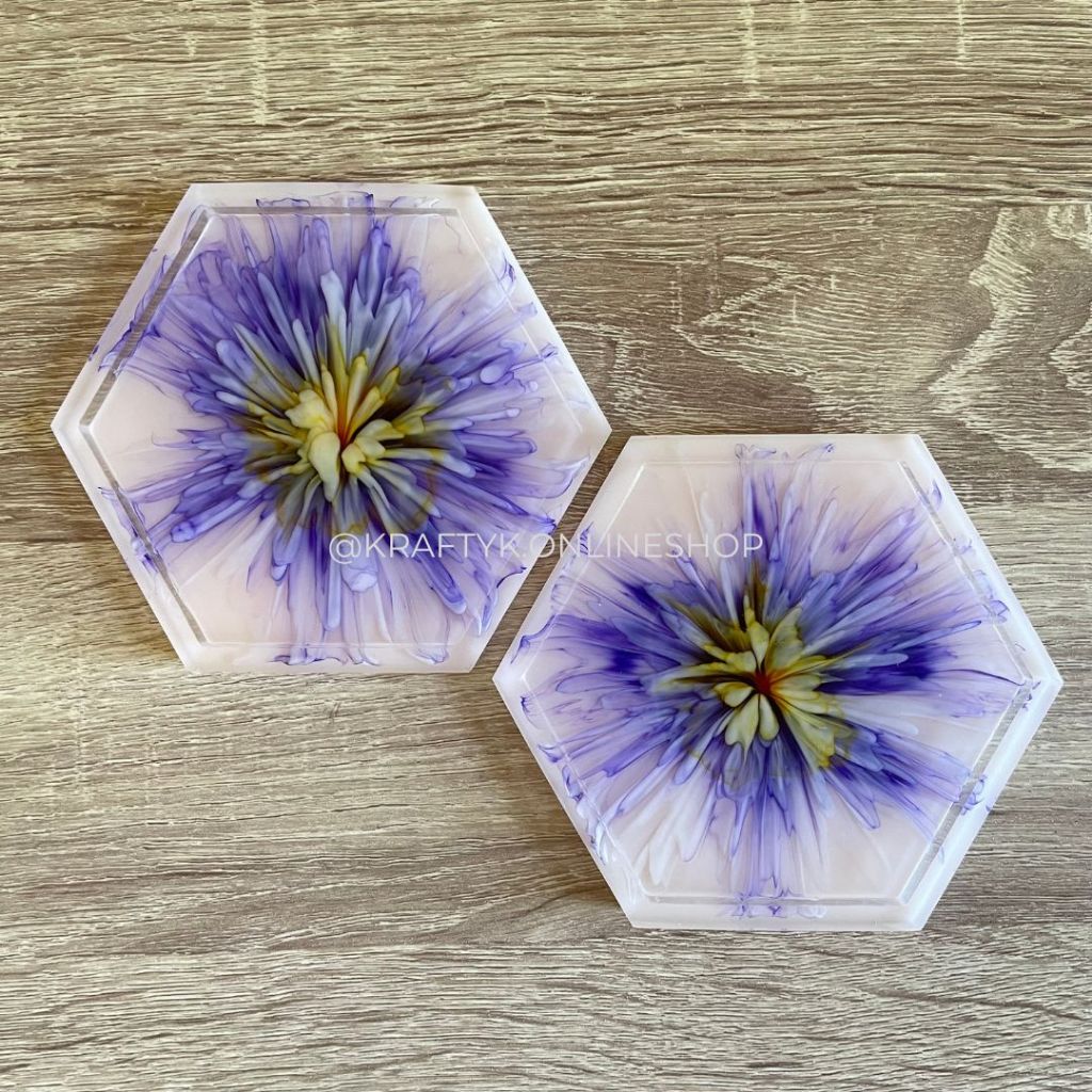 Handmade Resin Coaster | Purple Floral Blooms on Nude Hexagon Resin ...