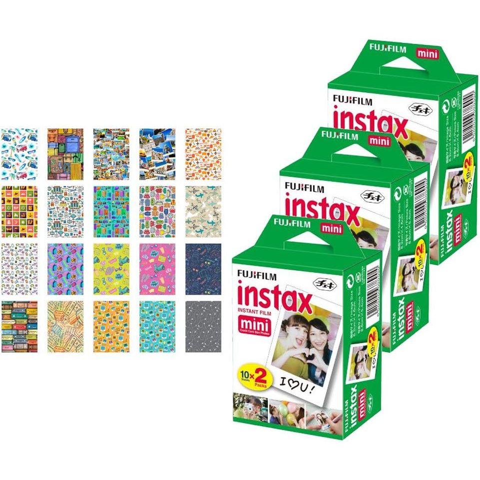 3X Fujifilm instax Mini Instant Film (60 Exposures) + 20 Sticker Frames ...