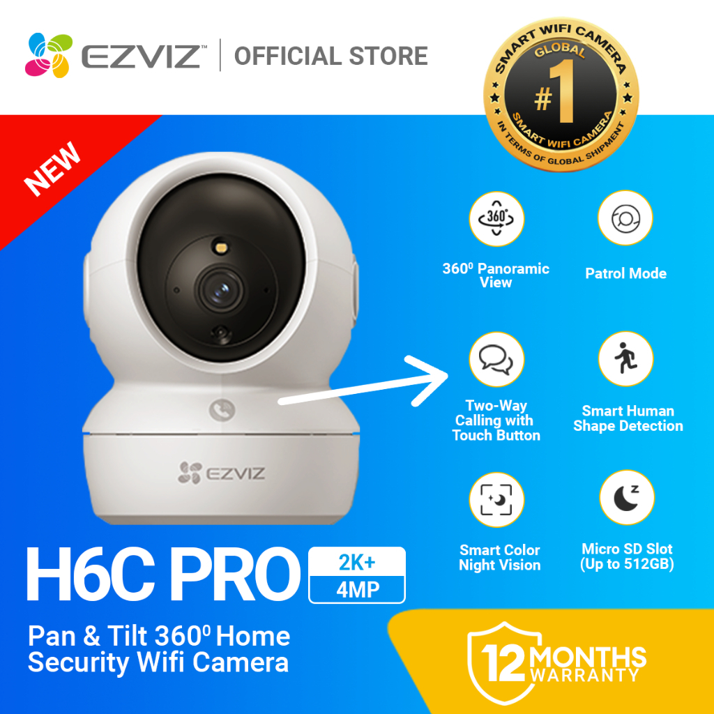 EZVIZ H6c Pro 2K+/4MP Indoor CCTV camera Security WiFi Camera 360° Pan ...