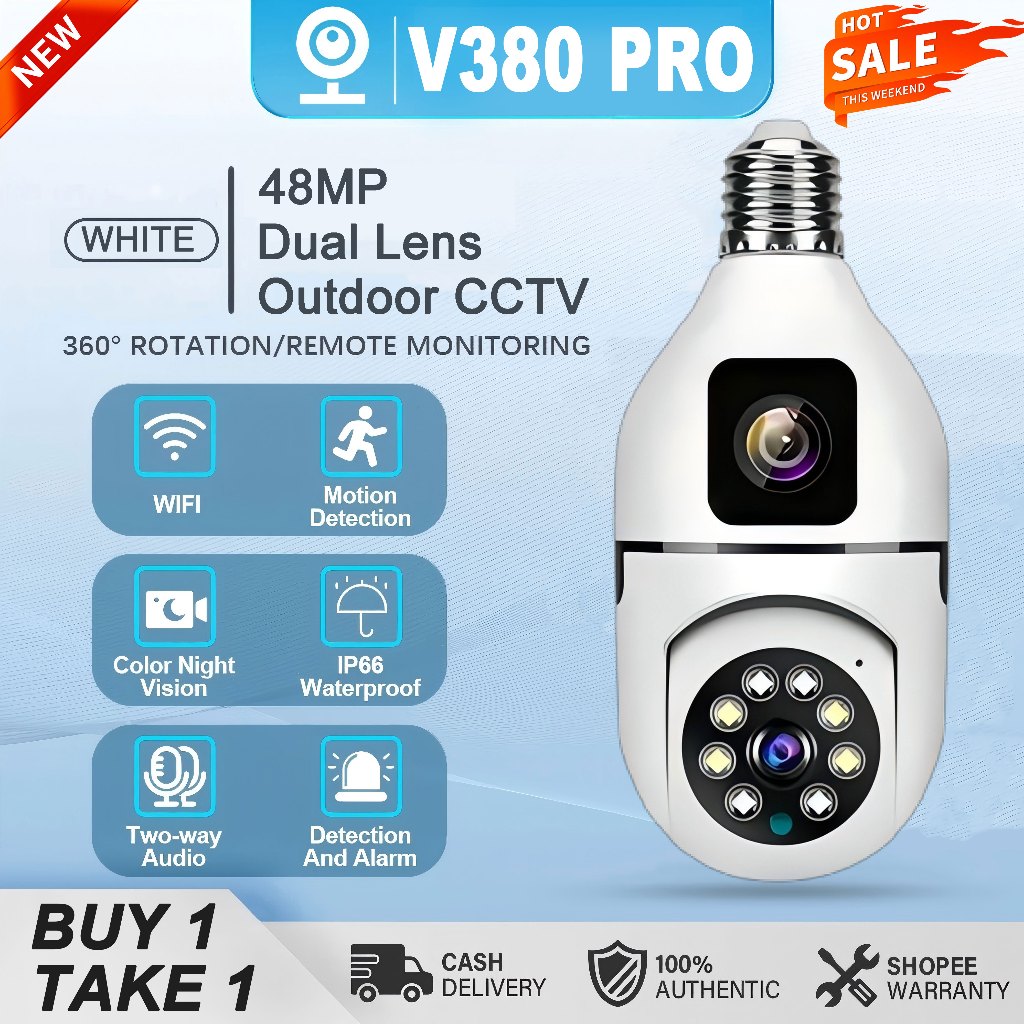 V380 Pro Bulb CCTV Camera Dual Lens Auto Tracking Night Vision Two-way ...