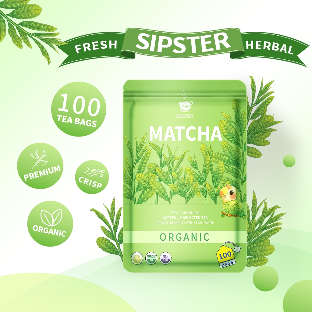 Sipster Matcha Green Tea Organic Powder – 100 Tea Bags | Single-Origin | Herbal, Vegan & Eco ...