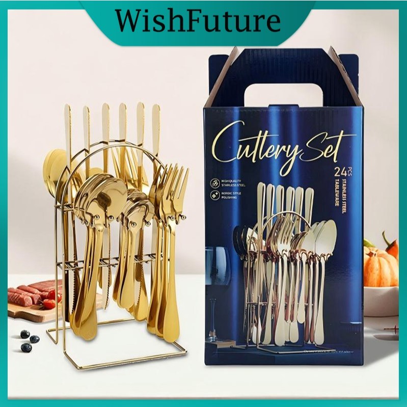 24 piece cutlery stainless steel knife, spoon and fork set gold cutlery ...