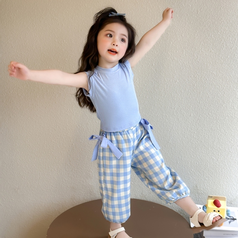 Summer new style girls blue plaid suit sleeveless top with bow wide-leg ...