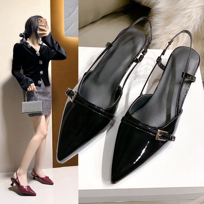 Retro Women's Kitten Heels Patent Leather Pointed Toe Heels Sandals ...