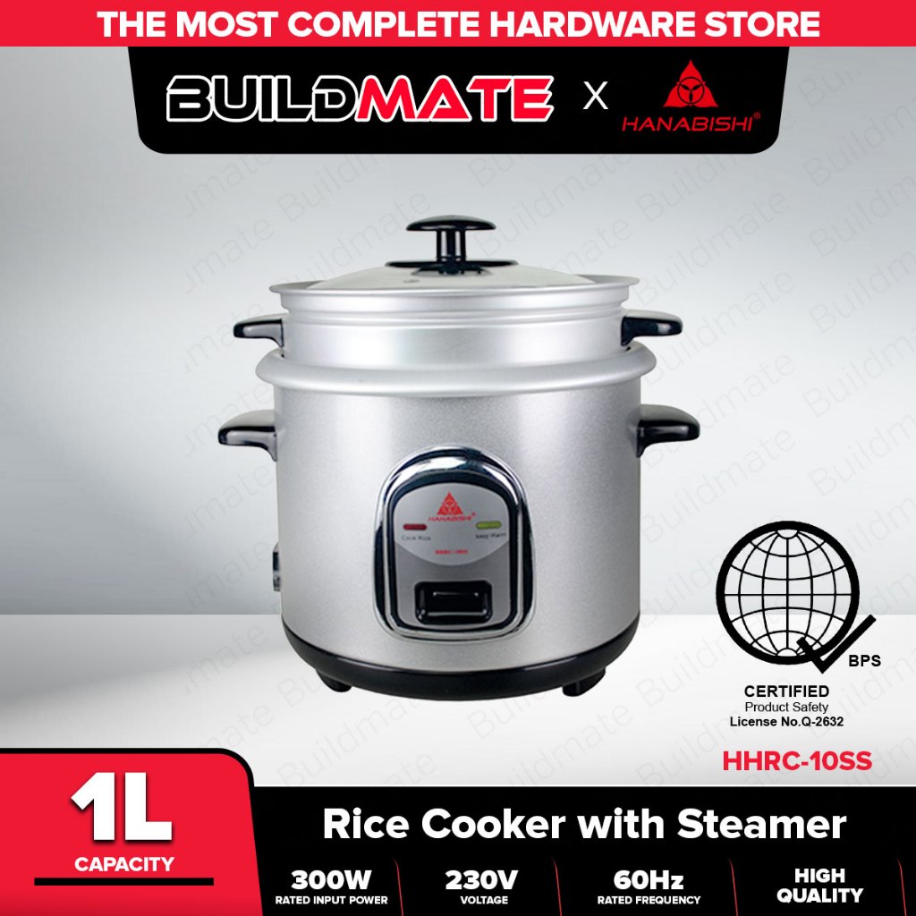 BUILDMATE Hanabishi 300W Rice Cooker with Steamer 1-Liter Silver Series ...