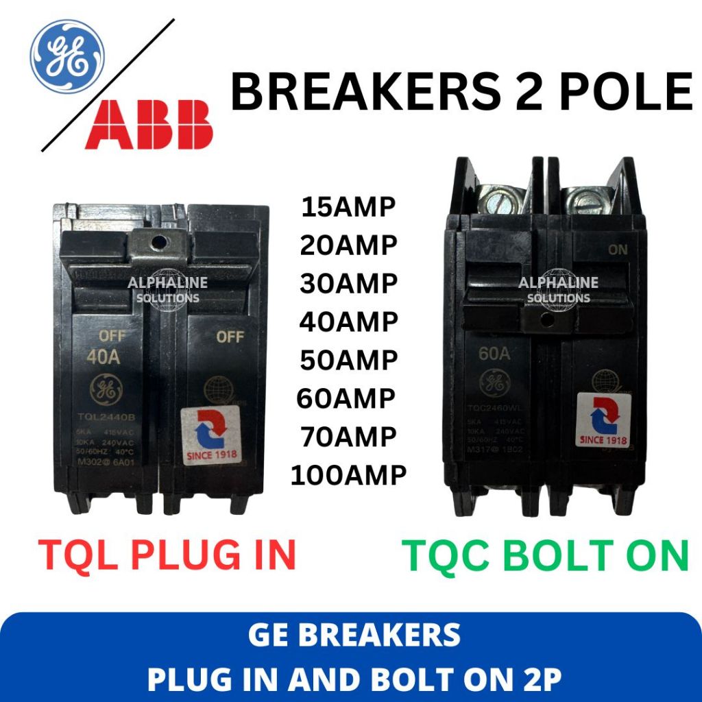 GE/ABB PLUG IN and BOLT ON Breakers MCCB TQL TQC 2 pole 15, 20, 30, 40, 50, 60, 70, 100 AMP ...