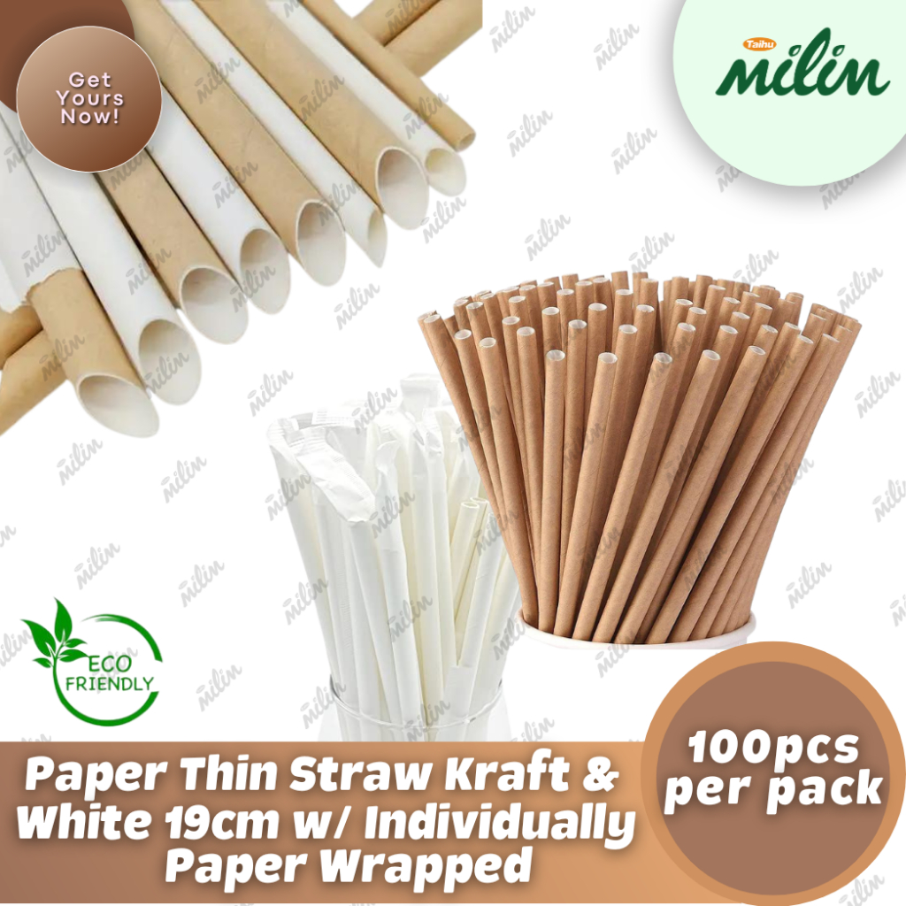 Thin Paper Straw Individual Wrapped 19 CM Kraft & White (100pcs) /Juice ...