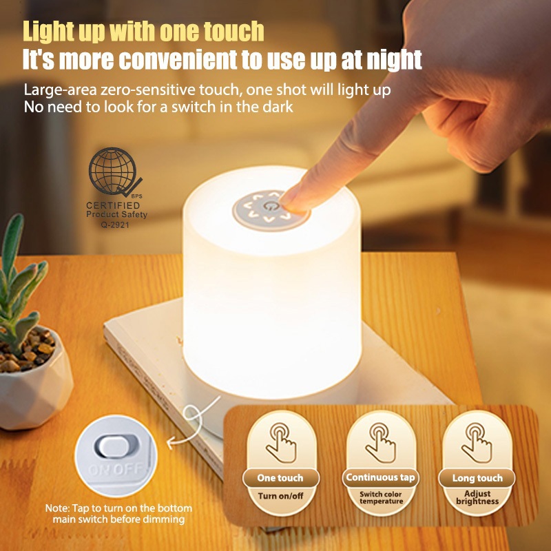 Rechargeable Bedside Lamp Infinitely Dimmable Night Lamp Tricolor LED ...