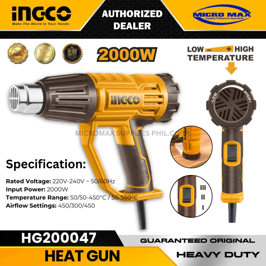 INGCO (HG200047) Heat Gun 2000W with 3pcs Nozzle and 1 Scraper | Shopee ...