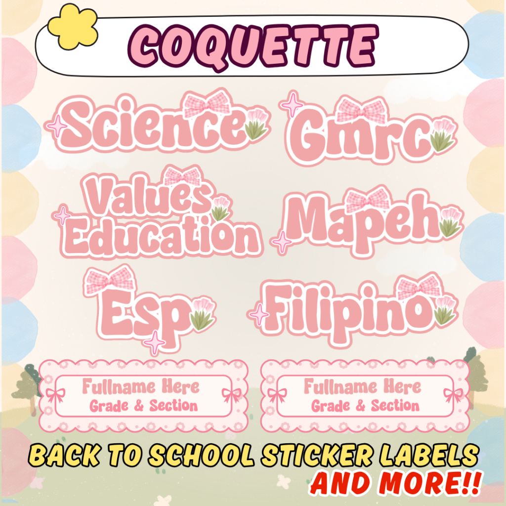 Customized Coquette Pink Ribbon Cute Subject and Name Label Waterproof ...