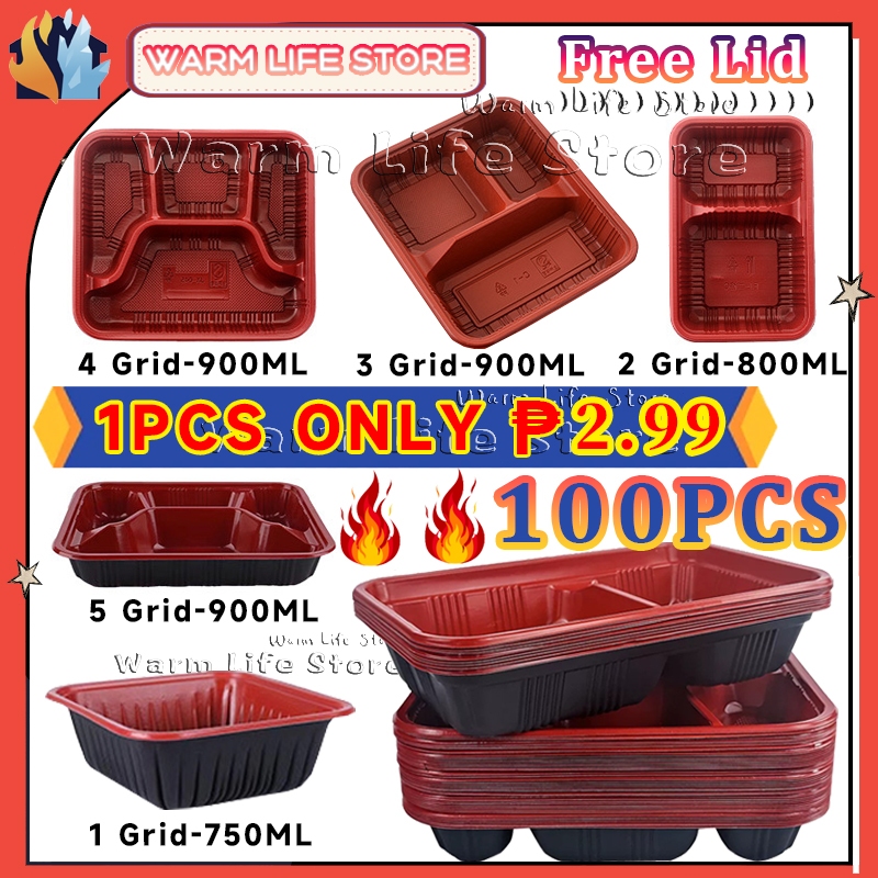 100PCS Thick High Quality Red/Yellow Bento Box With Lid 1/2/3/4/5Grid ...