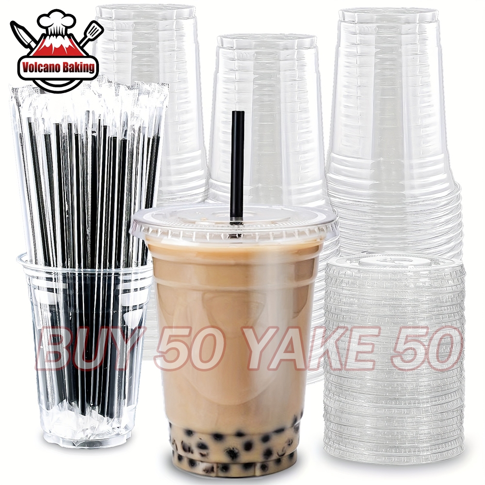 100PCS Plastic PP Y Cup (10/12/16/22oz) & Flat / Dome Lid & Straw 95mm ...