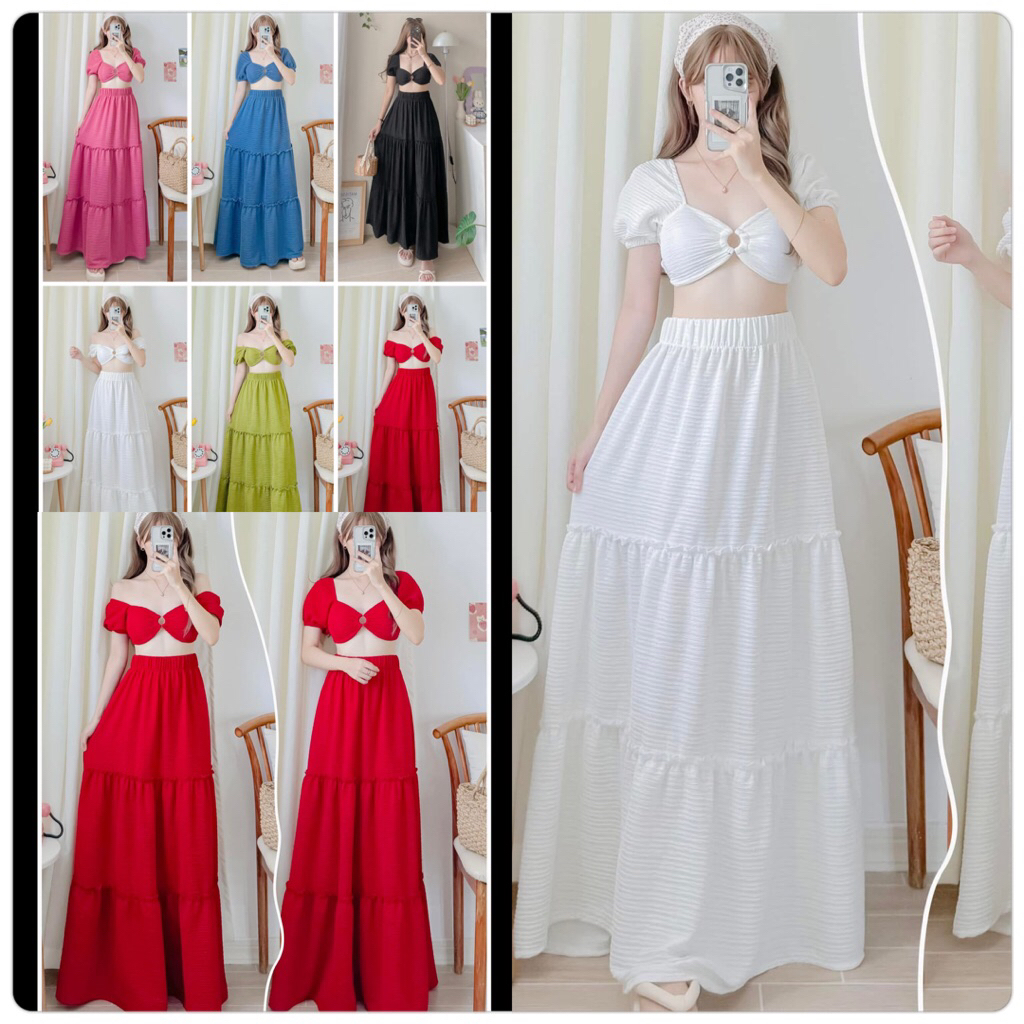 SMFM JENNA Coords ONHAND! PADDED Puff Sleeve Top & Maxi Long Skirt Beach OOTD Boho Style ...