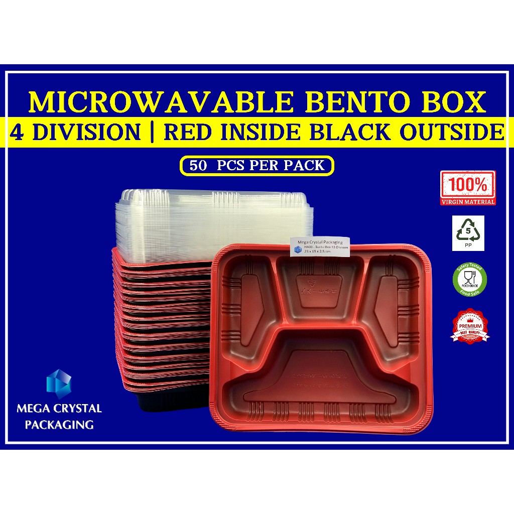 [ 50 Pcs ] Japanese Microwavable Bento Box 4 Division Red inside ...