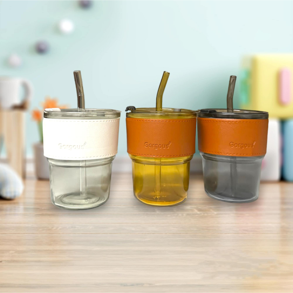 Glass Straw Cup Coffee Mug with Lid Tumbler Drinks 400ml | Shopee ...