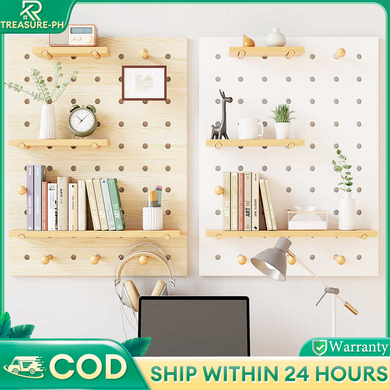 【Solid Wood】Pegboard Wall Storage Rack Hole Board With Hanging Hooks 60 ...