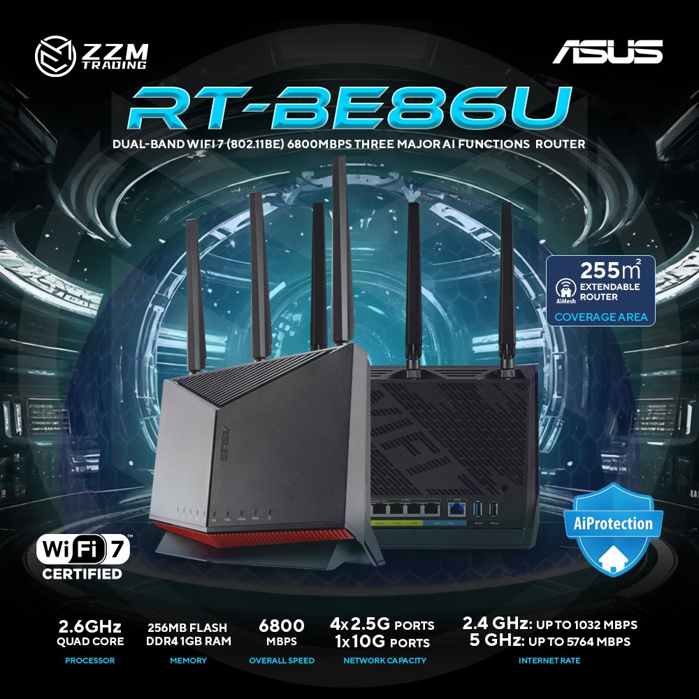ASUS RT-BE86U Dual-Band WiFi 7 (802.11be) 6800Mbps 20G AIMesh AI Protections Router ZZM Trading ...