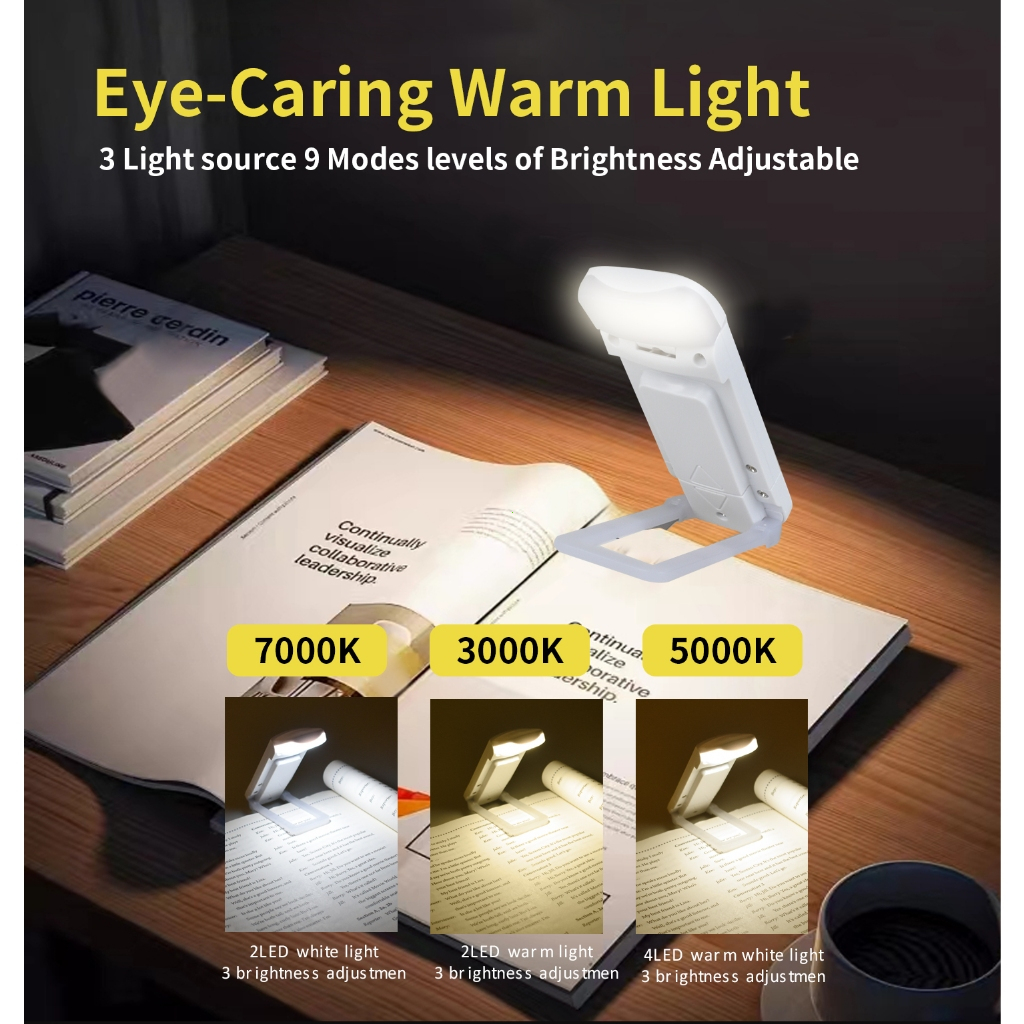 LED Book clip lamp Portable book Light USB Rechargeable Book Clip Reading Light Eye Protection ...