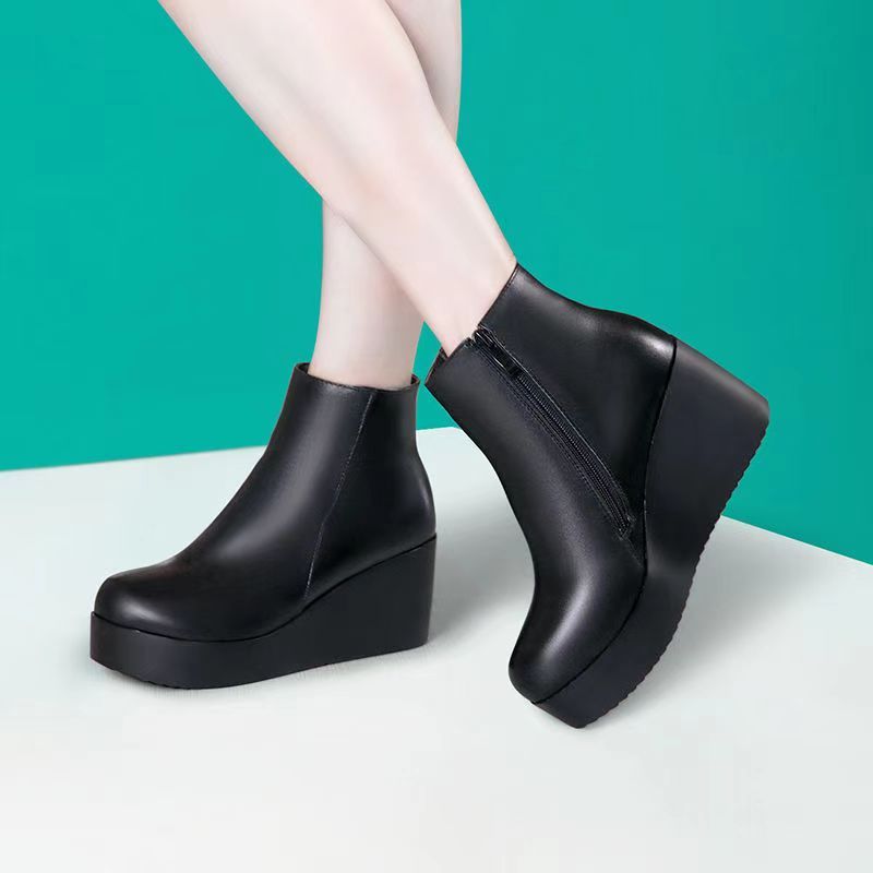 Size 35-40 Women's Black High Heel Short Boots Thick Soled Wedges Shoes ...