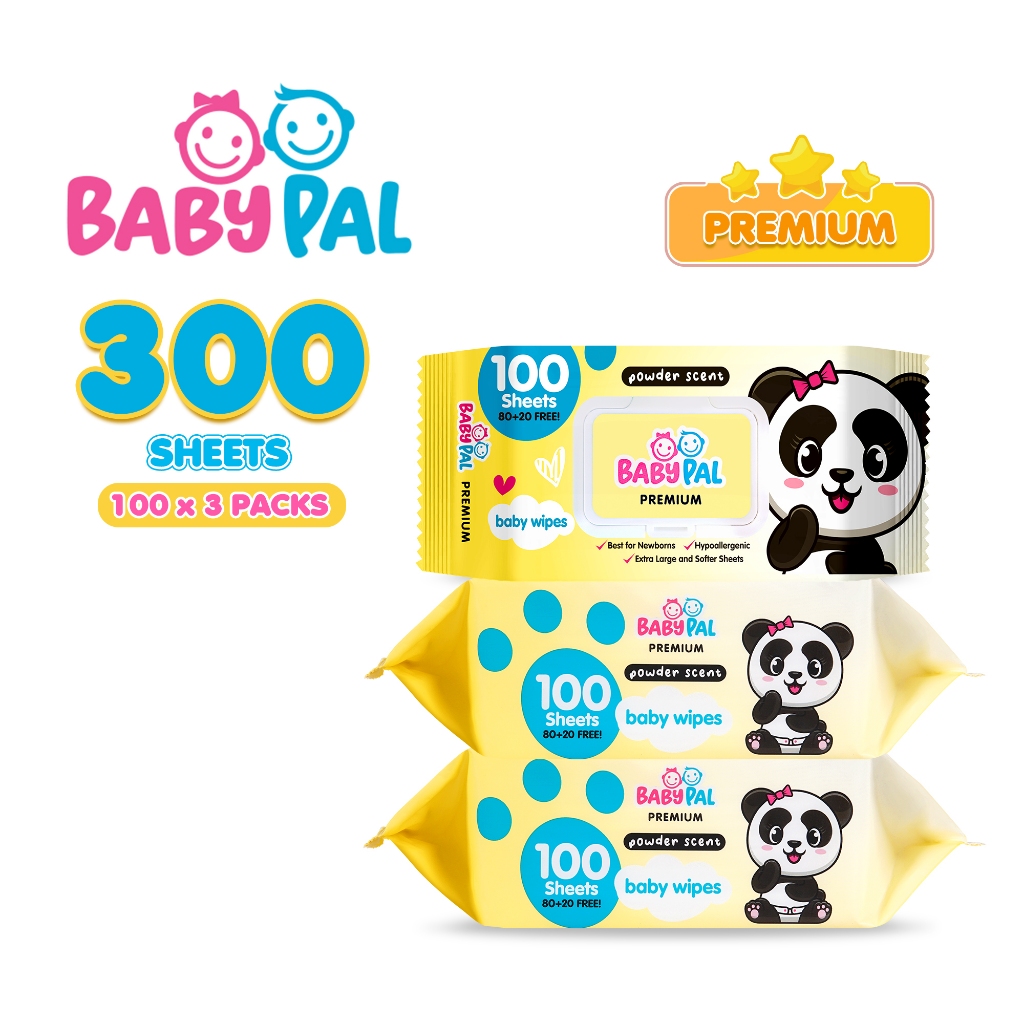 BabyPal Premium Baby Wipes Powder Scent 100 Softer Sheets Pack of 3 for ...