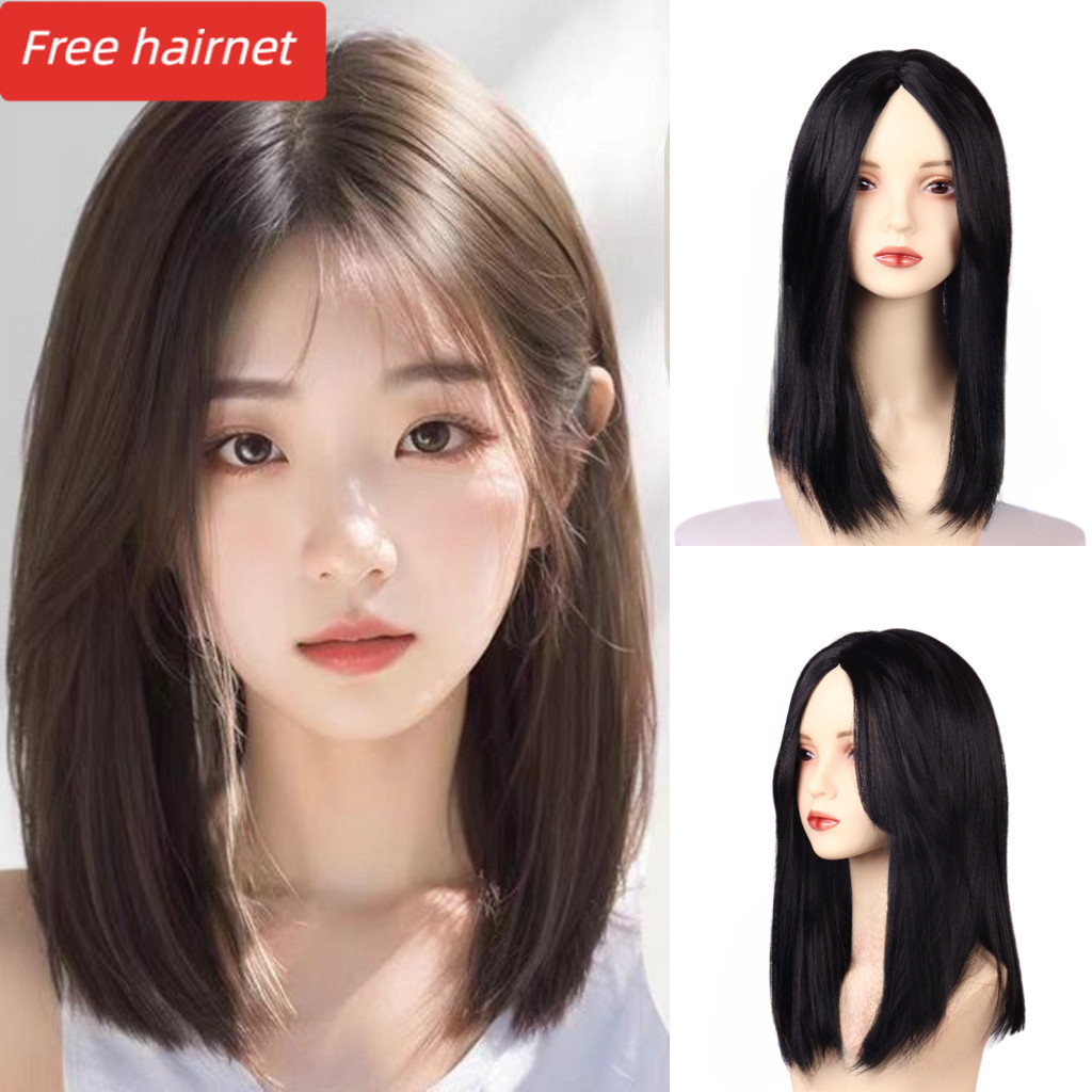 Women's Mid-Length Straight Hair Wigs Eight-Character Bangs Collarbone ...