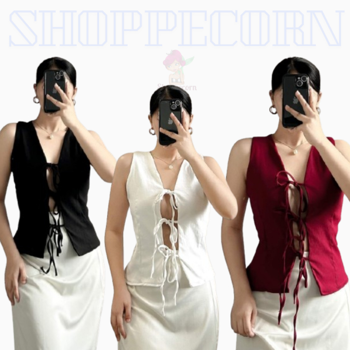 JULIA RIBBON VEST TOP Double Lining Fitted from Small-Medium | Shopee ...