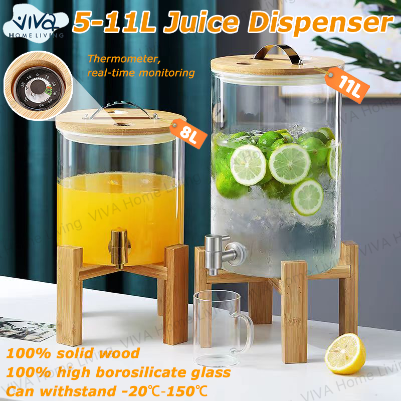 8 LITERS Glass Juice Dispenser Borosilicate Glass Bamboo Lid Water Jug ...