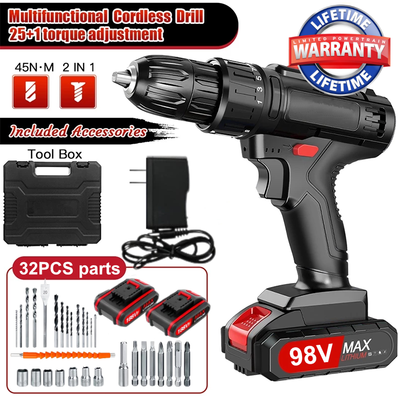 Cordless drill Impact Drill Portable heavy duty 32pcs Drill Set 2 ...