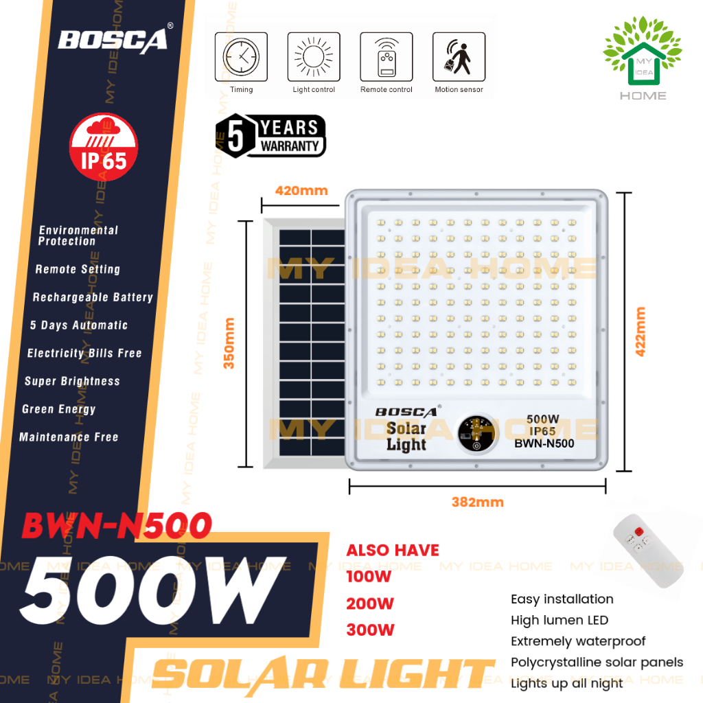 BOSCA Solar Light 100W 200W 300W & 500W W/Body Sensor IP65 Outdoor LED ...