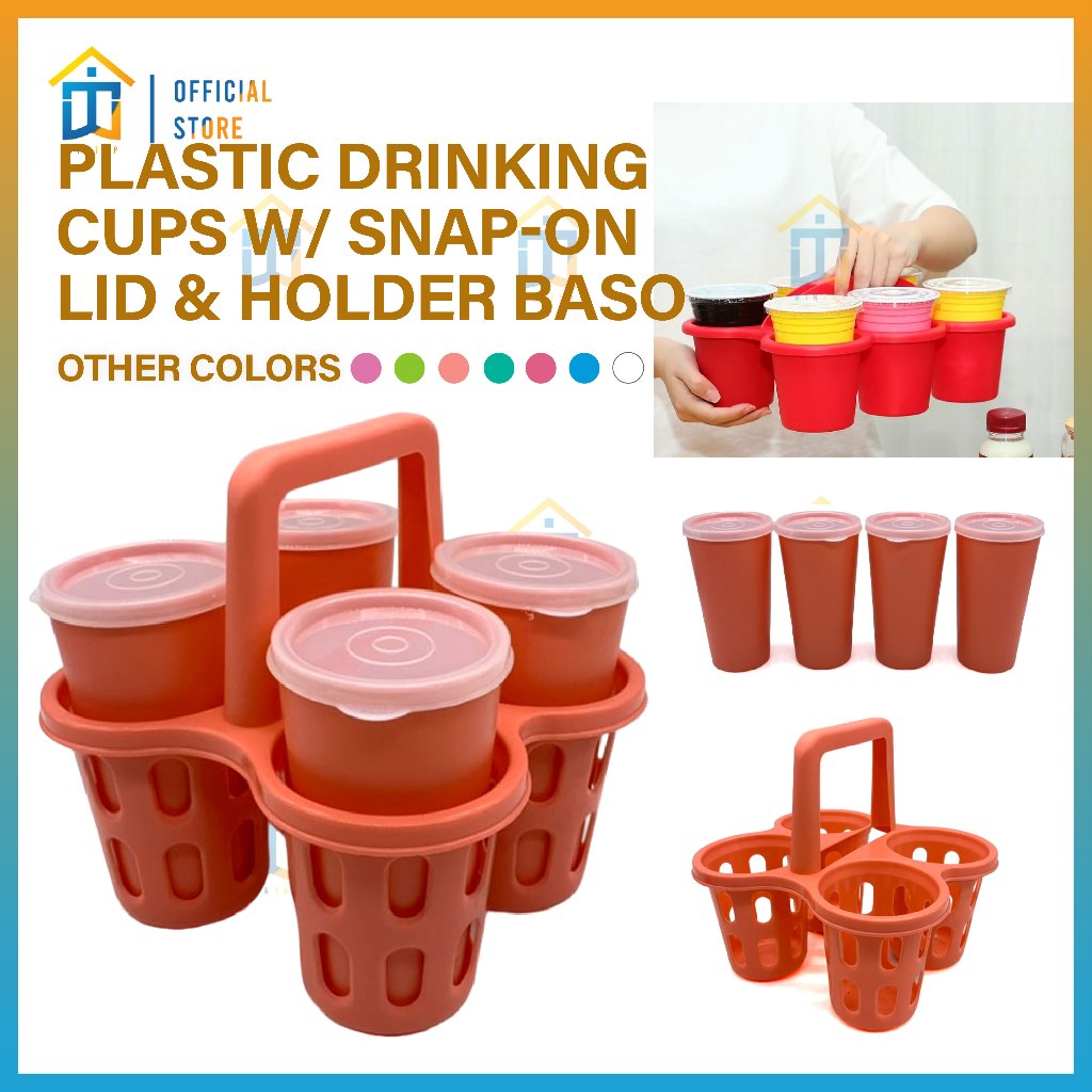 Wintop Plastic Drinking Cups with Snap-On Lid & Holder – Reusable ...