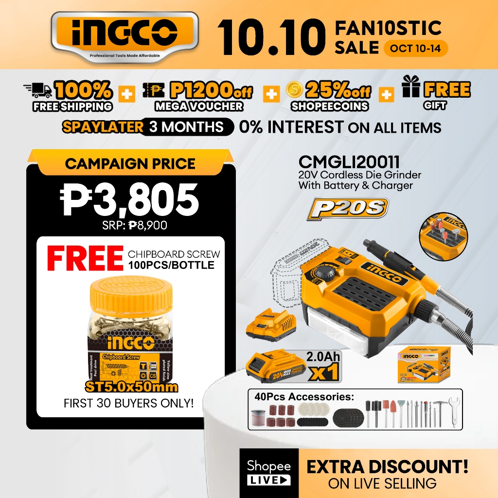 Ingco 20V Lithium-Ion Die Grinder with 40pcs Accessories and Variable ...