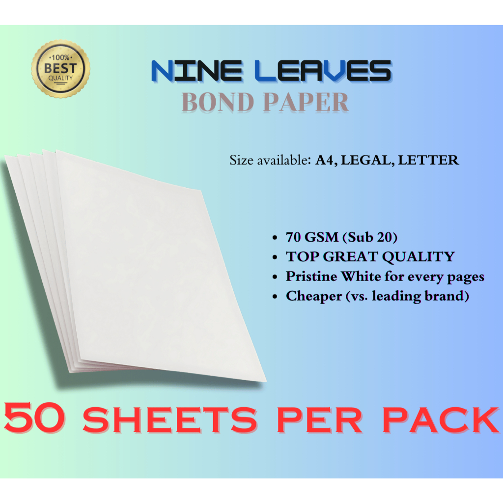 Nine Leaves A4 / Legal / Letter - 70 GSM SUB 20 Bond Paper (50 PCS PER ...