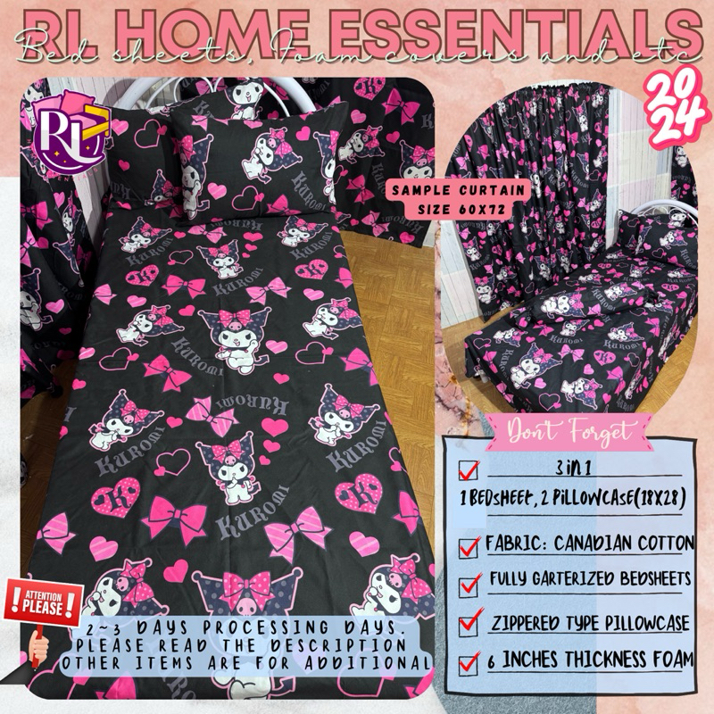 (ROMIKU BLACK) 3in1 RL CANADIAN COTTON BEDSHEET FULLY GARTERIZED KUROMI ...