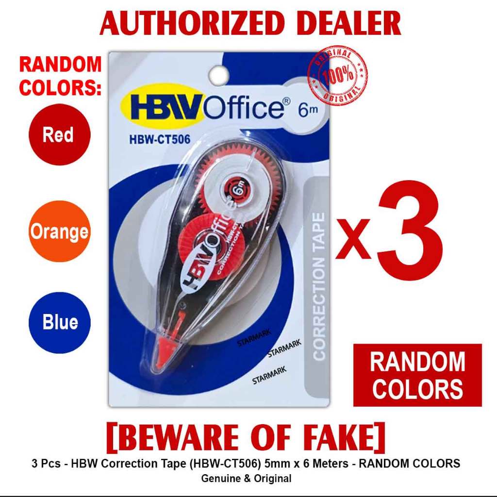 HBW Correction Tape Tapes 6 Meters RANDOM COLORS 5mm x 6M HBW-CT506 ...
