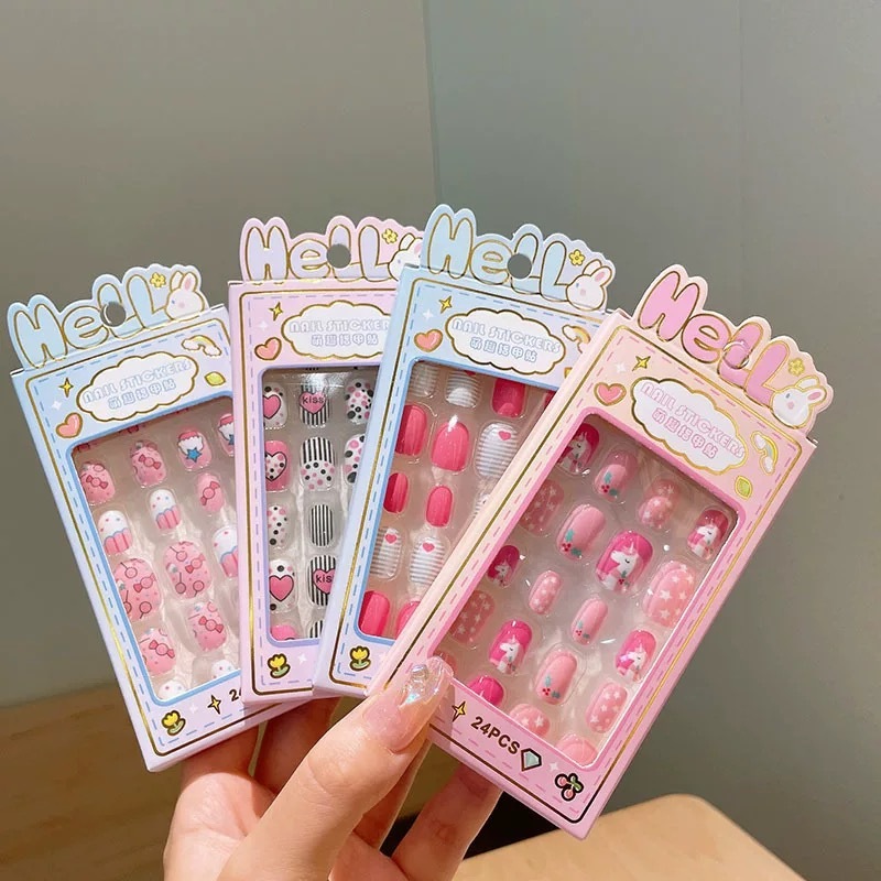 24pcs/set Girl Kids Fake Nails with Glue DIY Nail Chips Cute Pattern ...