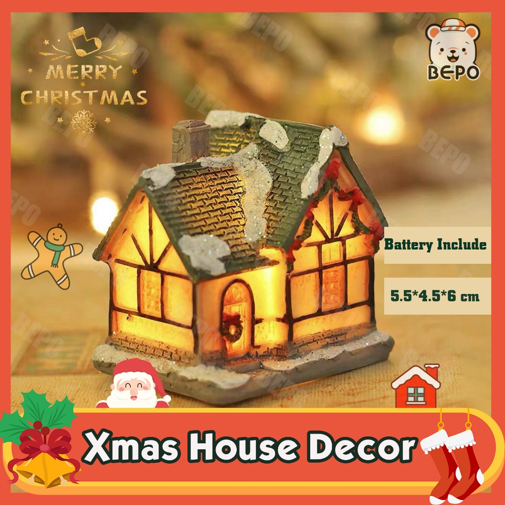 BEPO Christmas Resin Model House Decor Miniature Village Year Light LED ...