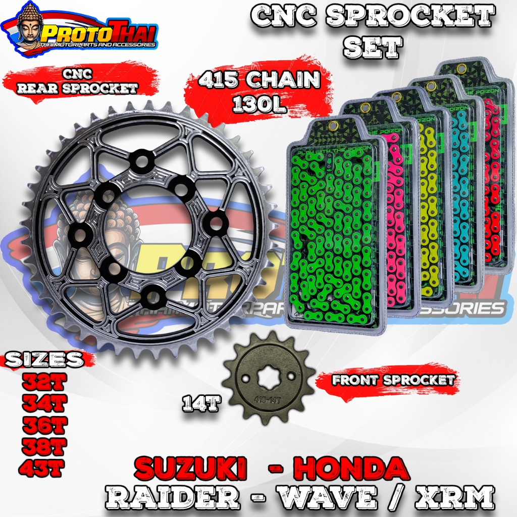 CNC V2.2 SPROCKET SET WAVE XRM RS125 RAIDER 32T 34T 36T 38T 43T "415 ...