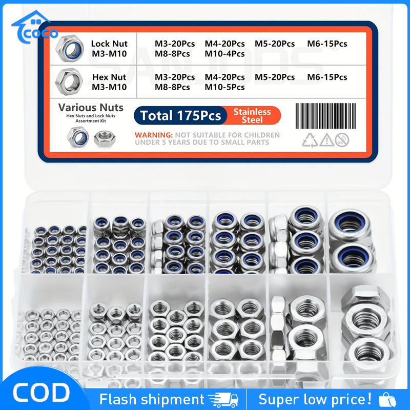 Locknuts & Hex Nuts Assortment Kit M3 M4 M5 M6 M8 M10, 175pcs Assorted Metric Nylon Insert Lock ...