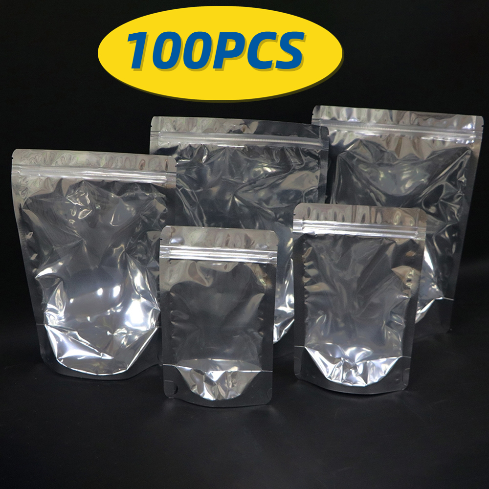 100 pcs Half Silver Aluminum Half Clear Stand Up Pouch with Zip Lock Packaging Ziplock ...