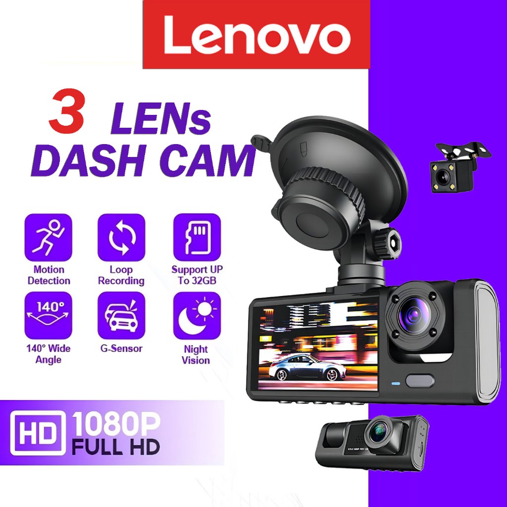 Lenovo Car Dash Cam Recorder 3 Camera Lens Front Rear Inside 1080P HD ...