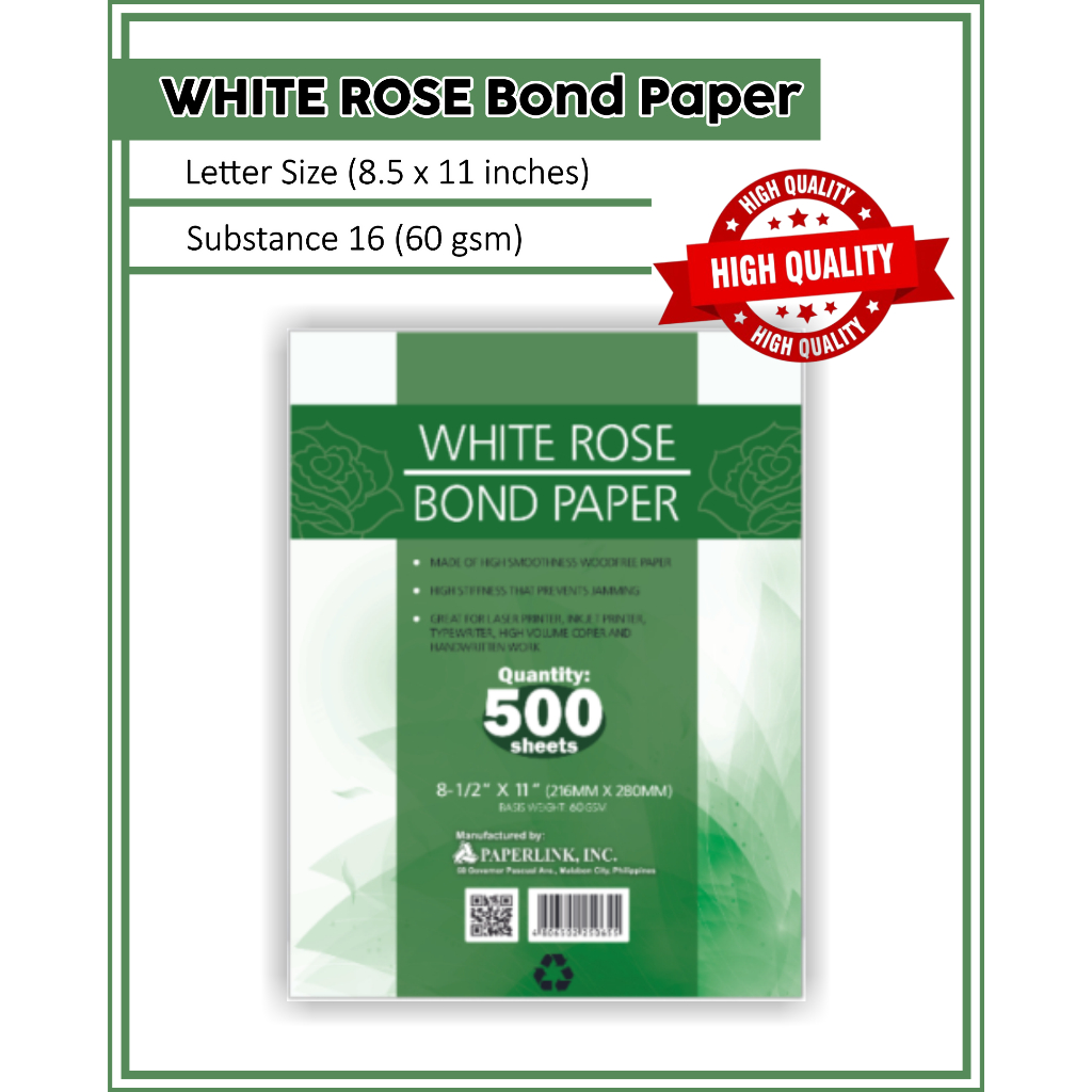 WHITE ROSE BOND PAPER SHORT 60GSM 1 REAM=500SHEETS | Shopee Philippines