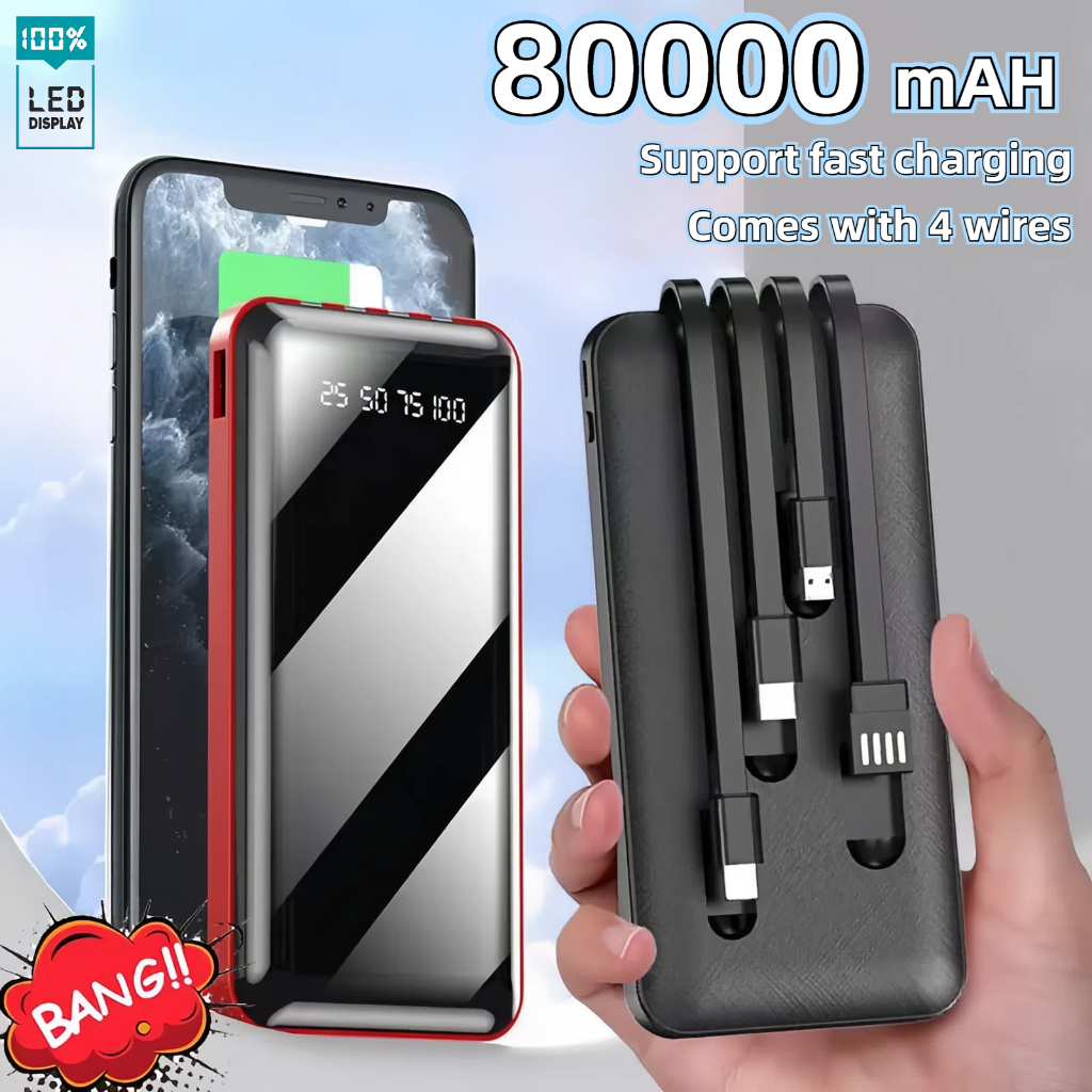 80000mAh Power Bank Full Screen Built-in 4 Data Cables Portable Fast ...