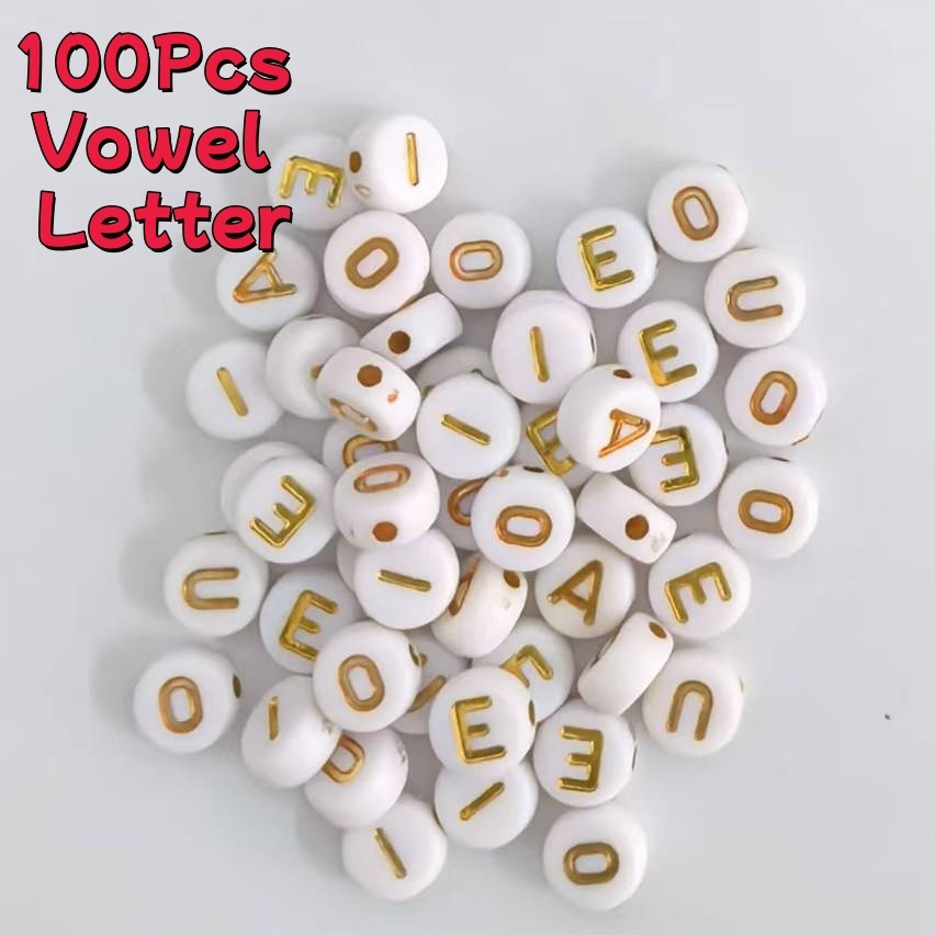 100pcs A E I O U Vowel Letter Beads Acrylic Round Loose Spacer Beads ...