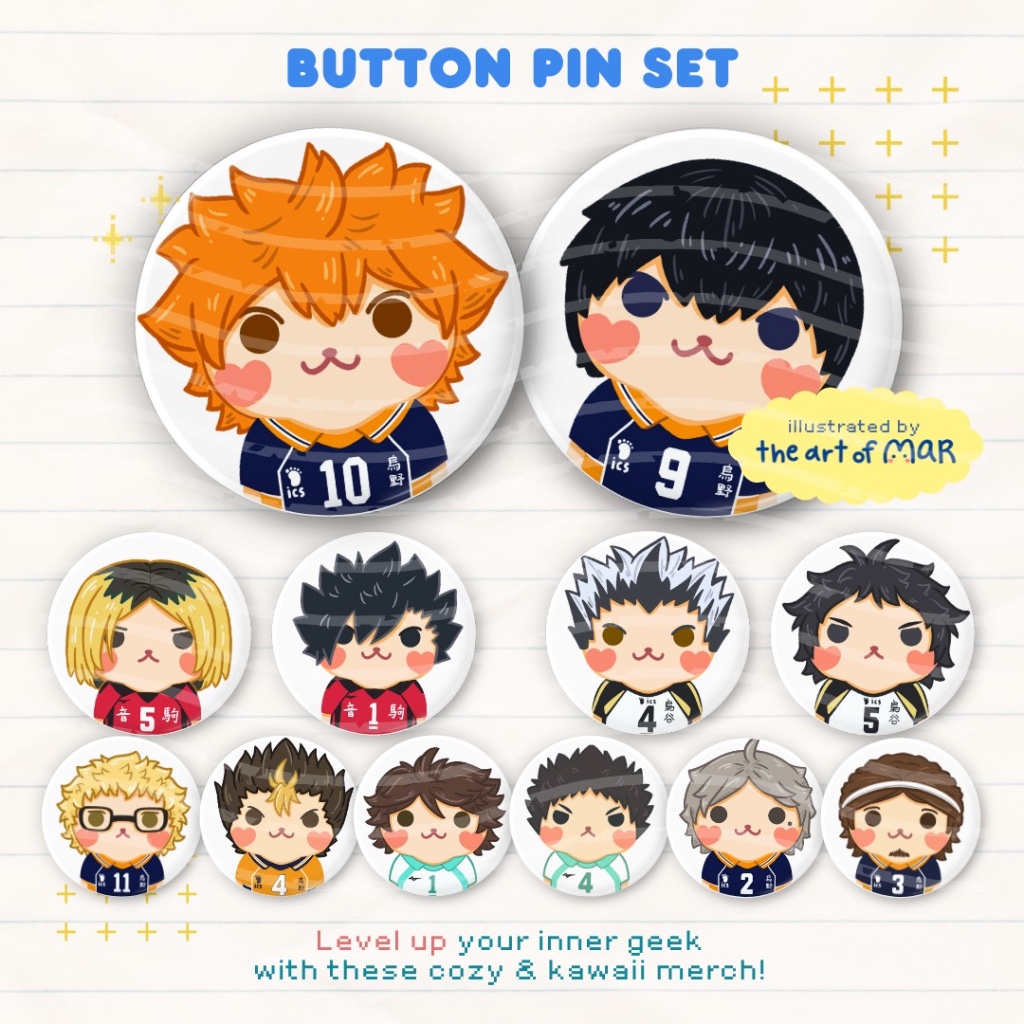 Haikyuu Button Pin Set 1.25" by The Art of Mar | Hinata, Kageyama ...