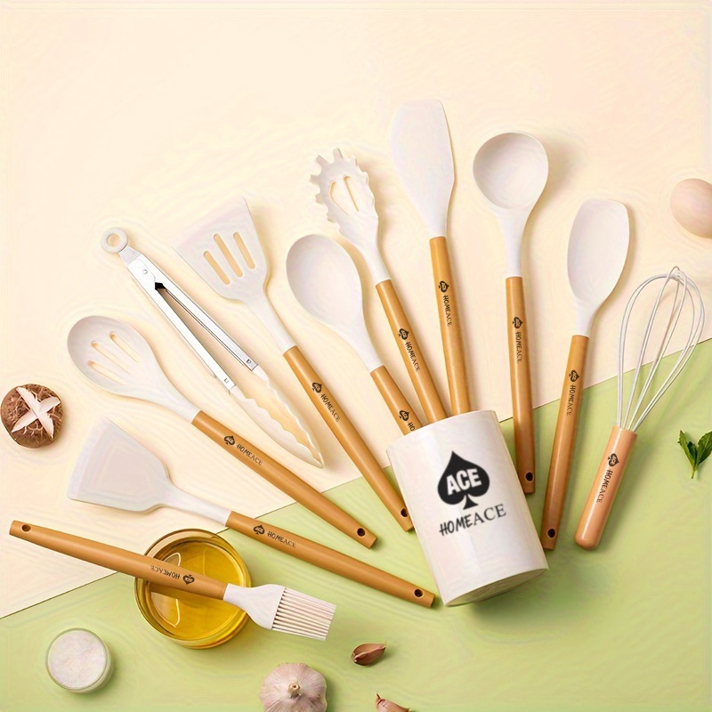HomeAce 12pcs/set Silicone Cooking Tools Set Durable Wooden Handle Food ...