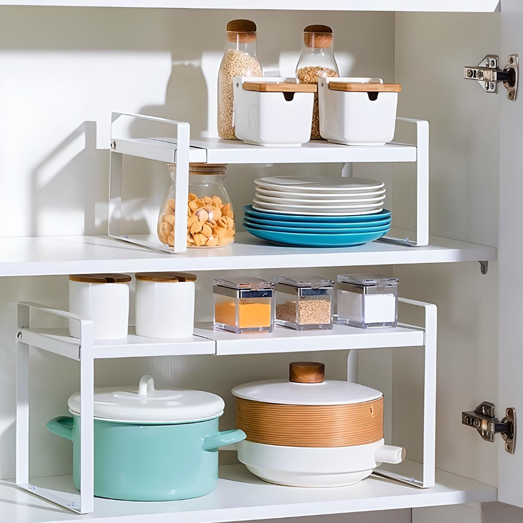 White Expandable Metal Kitchen Storage Shelves For Kitchen Cabinet 2 ...