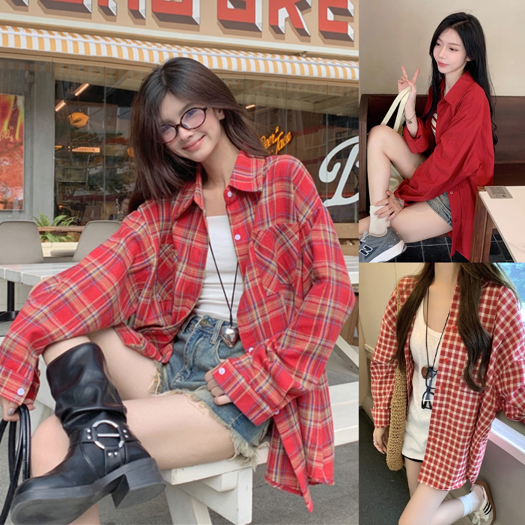 SC Long Sleeve Tops for Women Korean Style Oversized Red Plaid Shirt ...